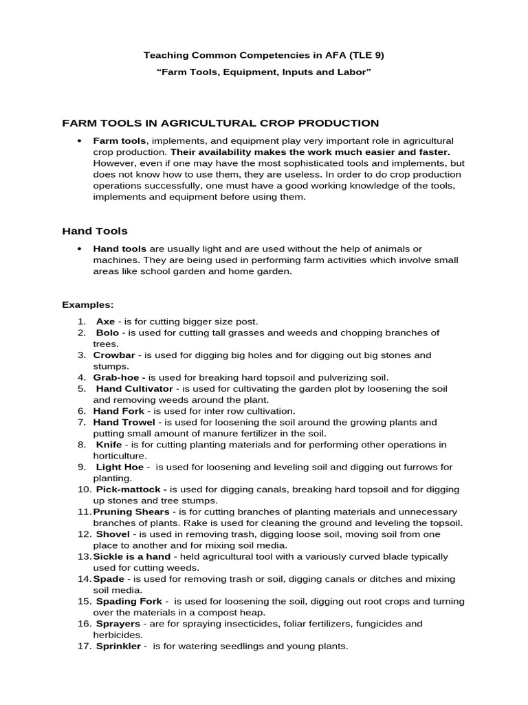 Farm Tools Equipment Inputs and Labor | PDF | Agricultural Machinery ...
