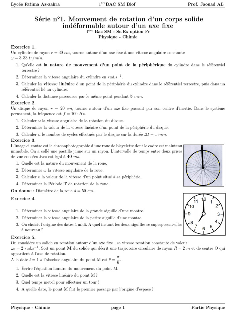 Série 1 Rotation D'un Corps Solide Autour D'un Axe 1bac SM Et S.Ex Prof ...