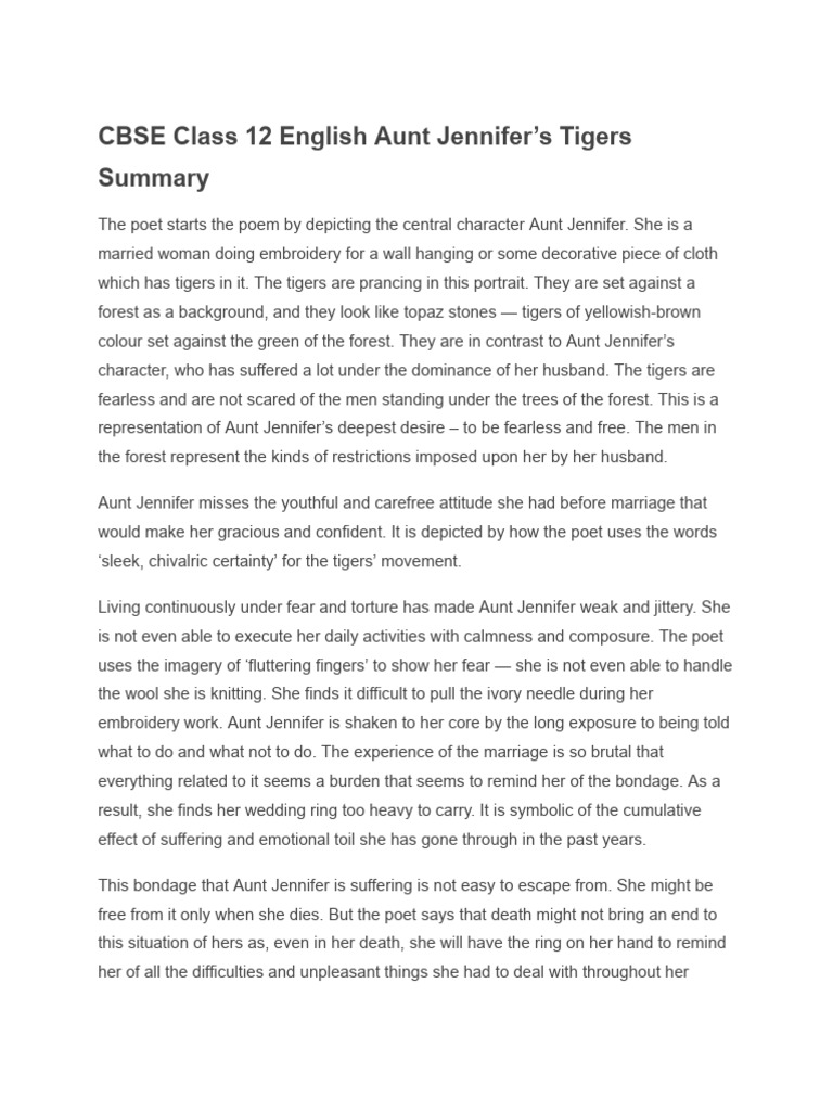 CBSE Class 12 English Aunt Jennifer's Tigers Summary | PDF