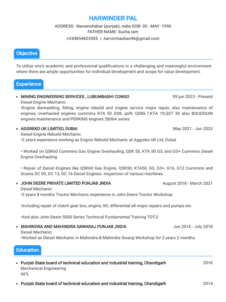 Harwinder Pal Diesel Mechanic C.V | PDF | Auto Mechanic | Engines