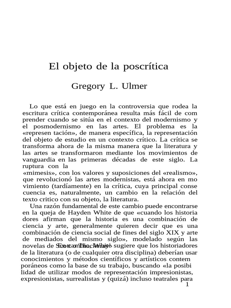 Ulmer, Gregory. El Objeto de La Postcritica. Foster-Hal-La ...