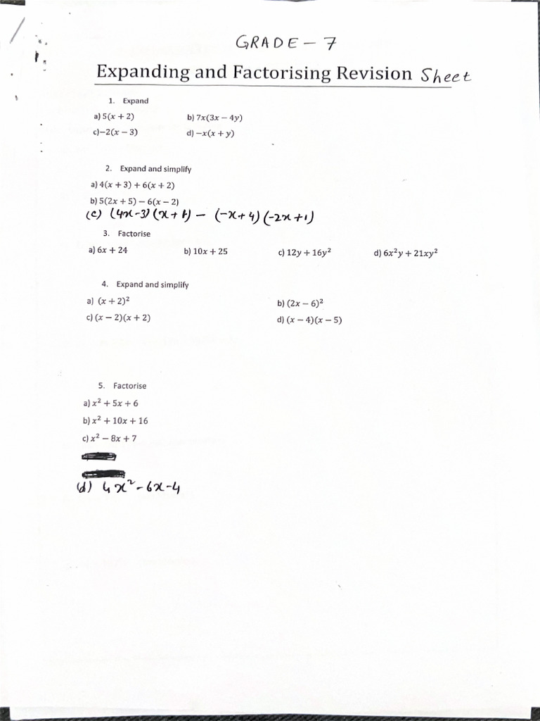 Expanding and Factorising Revision Sheet | PDF