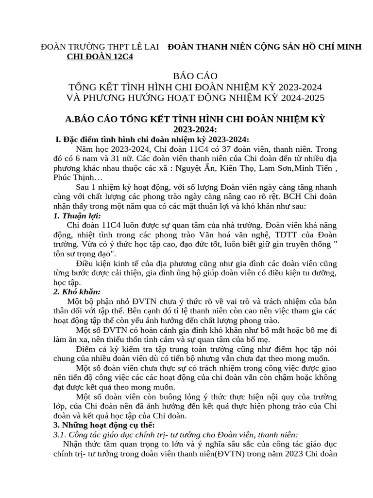 Báo cáo tổng kết chi đoàn 12C4 | PDF