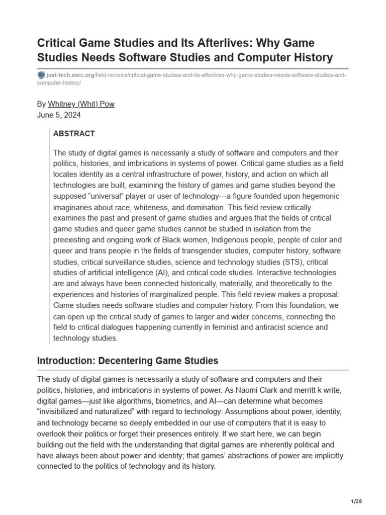 Pow, Critical Game Studies and Its Afterlives, Just Tech SSRC | PDF