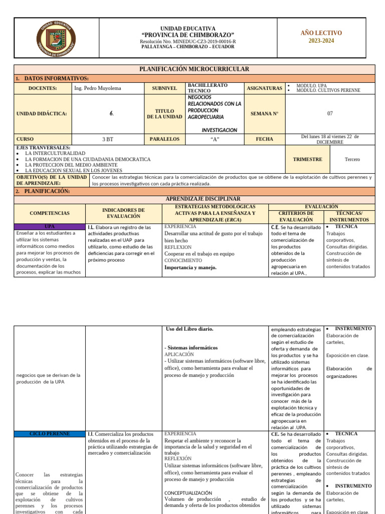 5.- FORMATO PLANIFICACION MICROCURRICULAR 2023-2024 3BT | PDF 5.- FORMATO PLANIFICACION MICROCURRICULAR 2023-2024 3BT | PDF