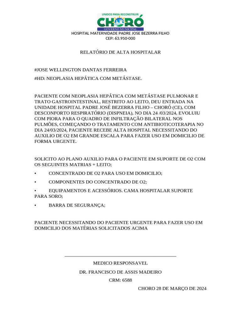 Relatório de Alta Hospitalar W | PDF