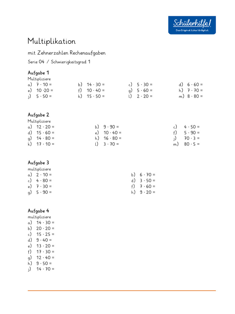 Mathematik 3-4 - Multiplikation Mit Zehnerzahlen - Rechenaufgaben ...