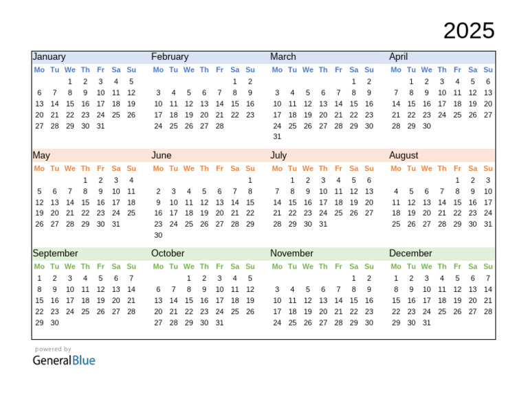 2025 Multi Colored Calendar Monday Start | PDF