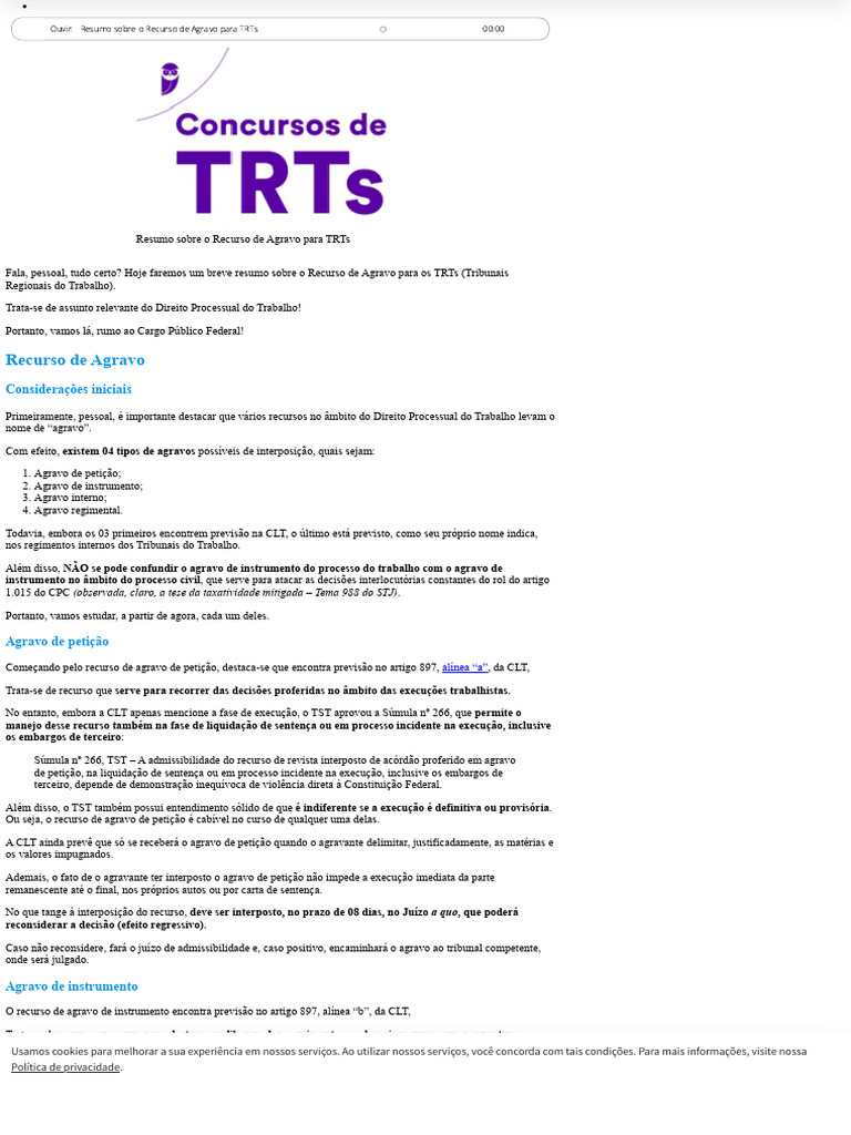 Resumo Sobre o Recurso de Agravo para TRTs | PDF