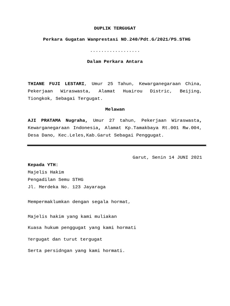 Duplik Tergugat | PDF