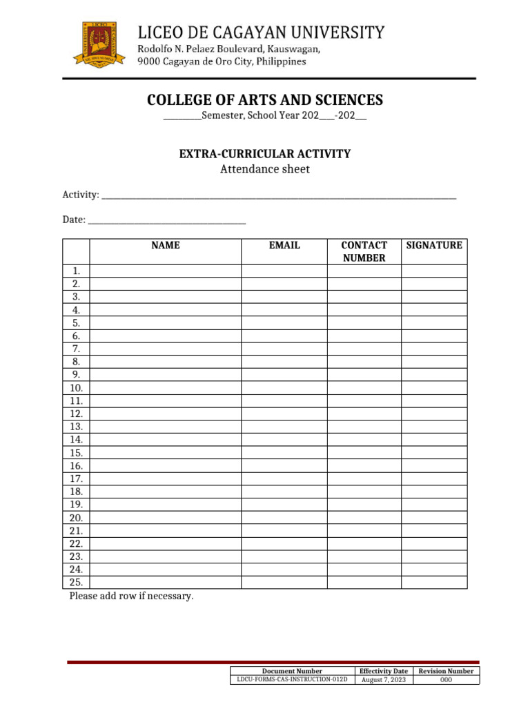 Form012D. EXTRACURRICULAR ATTENDANCE SHEET | PDF