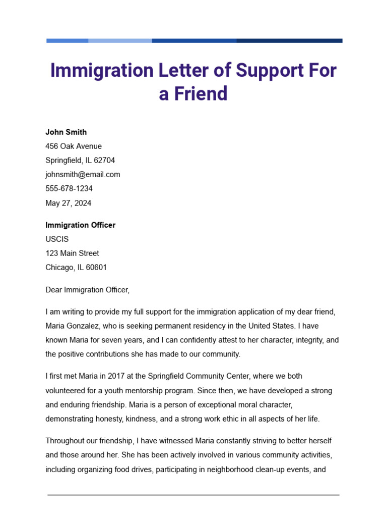 Immigration Letter of Support For A Friend | PDF