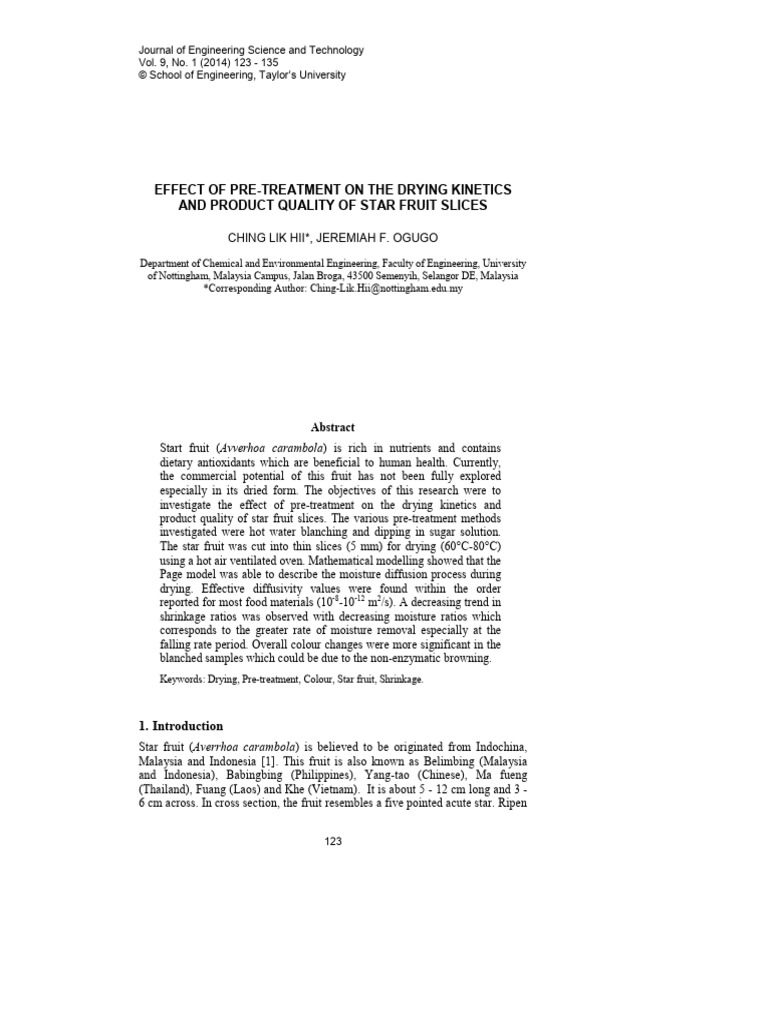 Effect of Pre Treatment On The Drying Kinetics and Product Quality of Star Fruit Slices | PDF