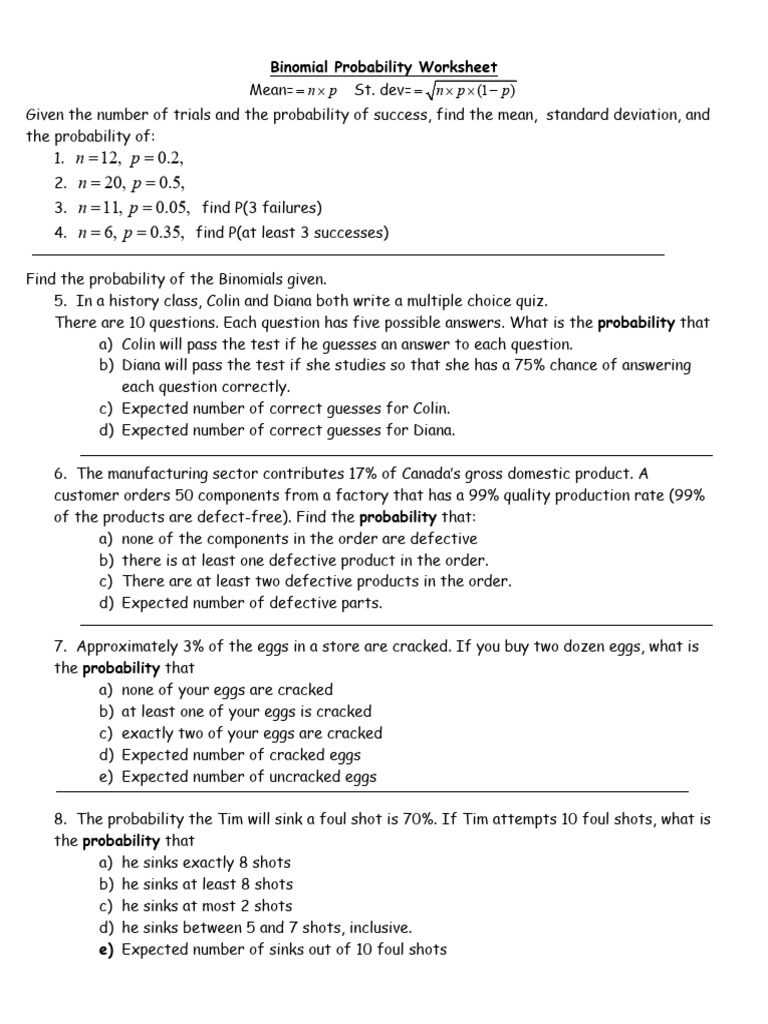 Binomial Probability Worksheet II | PDF | Multiple Choice | Teaching ...