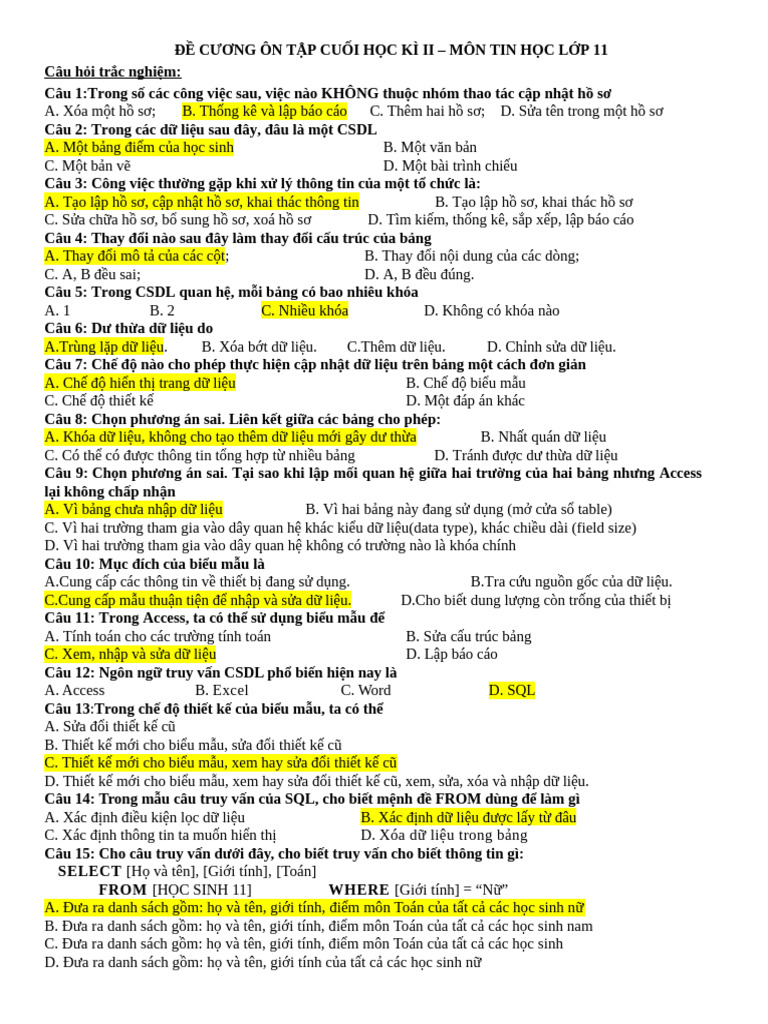 ĐỀ CƯƠNG ÔN TẬP CUỐI HK 2 - TIN K11 | PDF