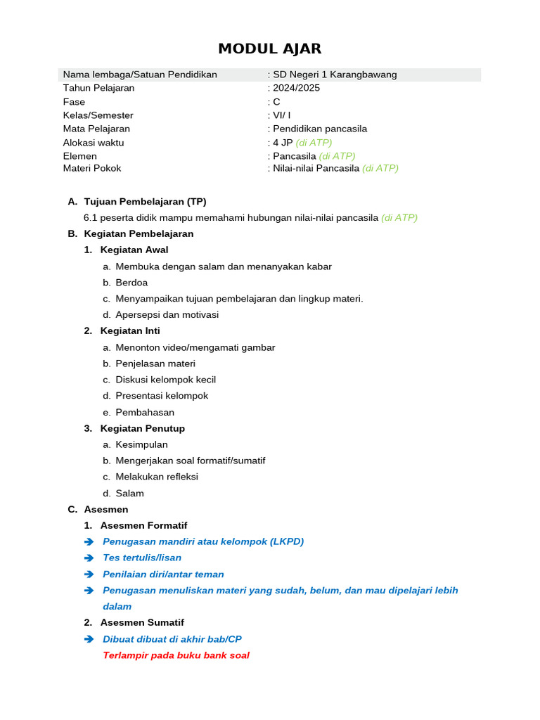 Format Modul Ajar Sederhana | PDF