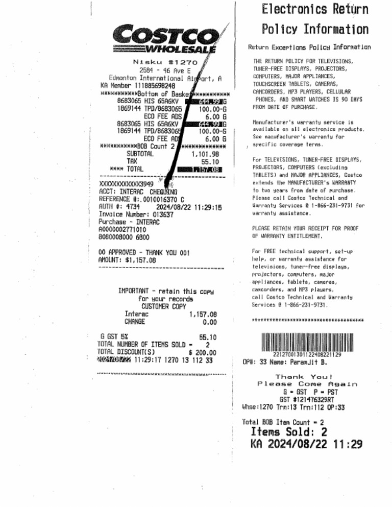 Costco TV Purchase | PDF