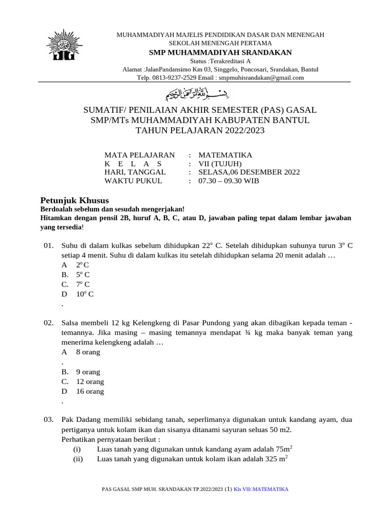 Soal MTK 7 PAS Gasal 2022 2023 | PDF