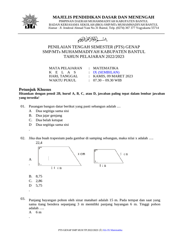 Soal Ismuba PTS Genap 2022 2023 MTK 9 | PDF