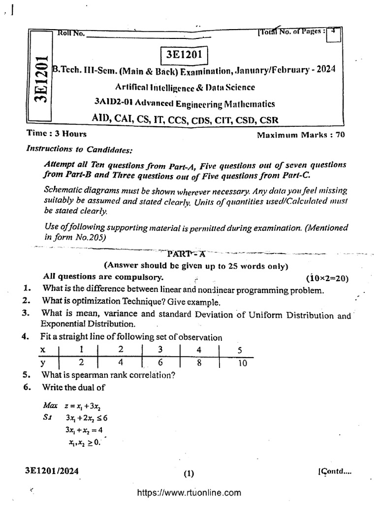 Btech Cs It 3 Sem Advanced Engineering Mathematics 3e1201 Feb 2024 | PDF