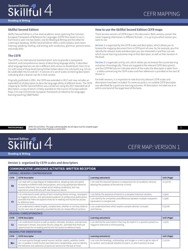 Skillful 2nd Ed. Level 4 Reading and Writing CEFR Map | PDF