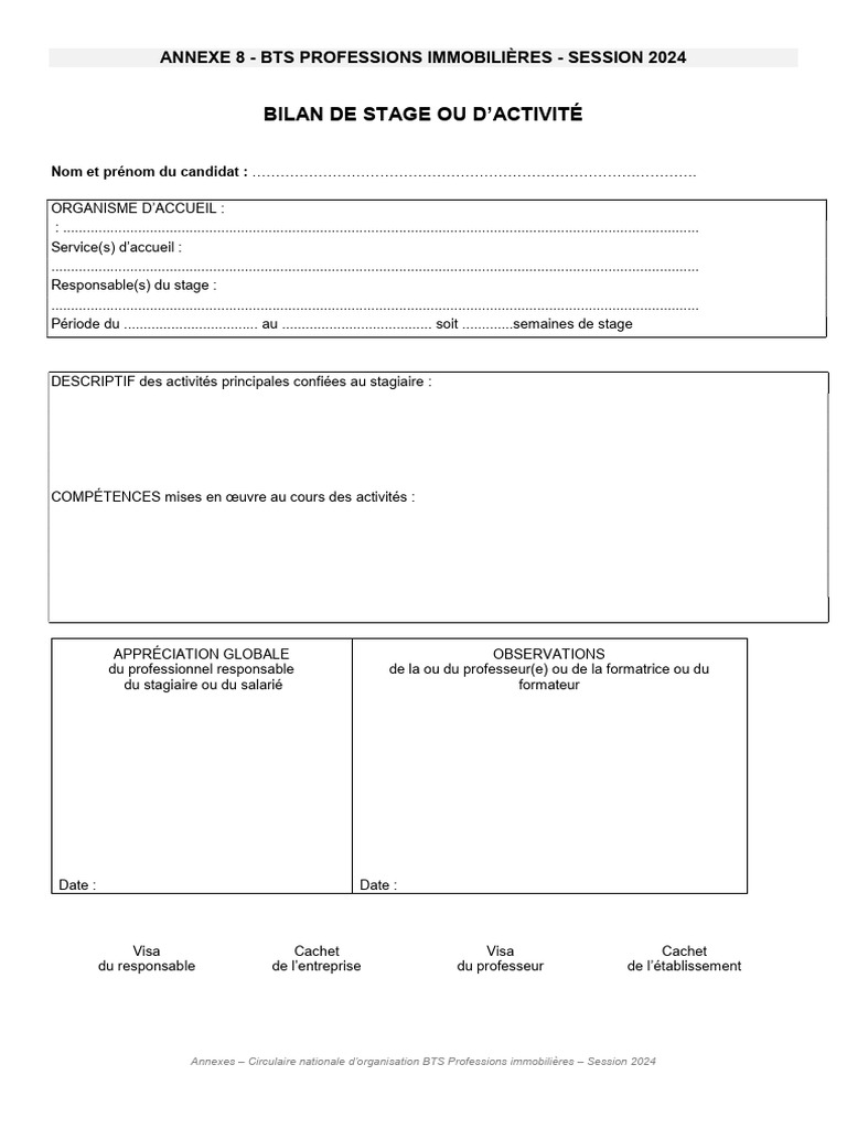 BTS PIM 2024 - Annexe 8 - Bilan de Stage Ou D'activite | PDF