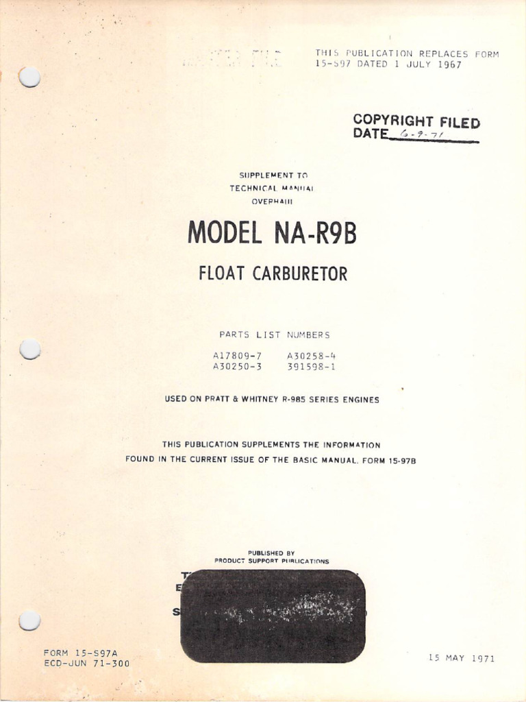 Bendix Model NA-R9B Float Carburetor Supplement To Technical Maunal ...