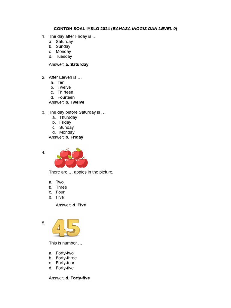 SOAL IYSLO 2024 Bahasa Inggris LV 0 Yolanda - Contoh Soal | PDF