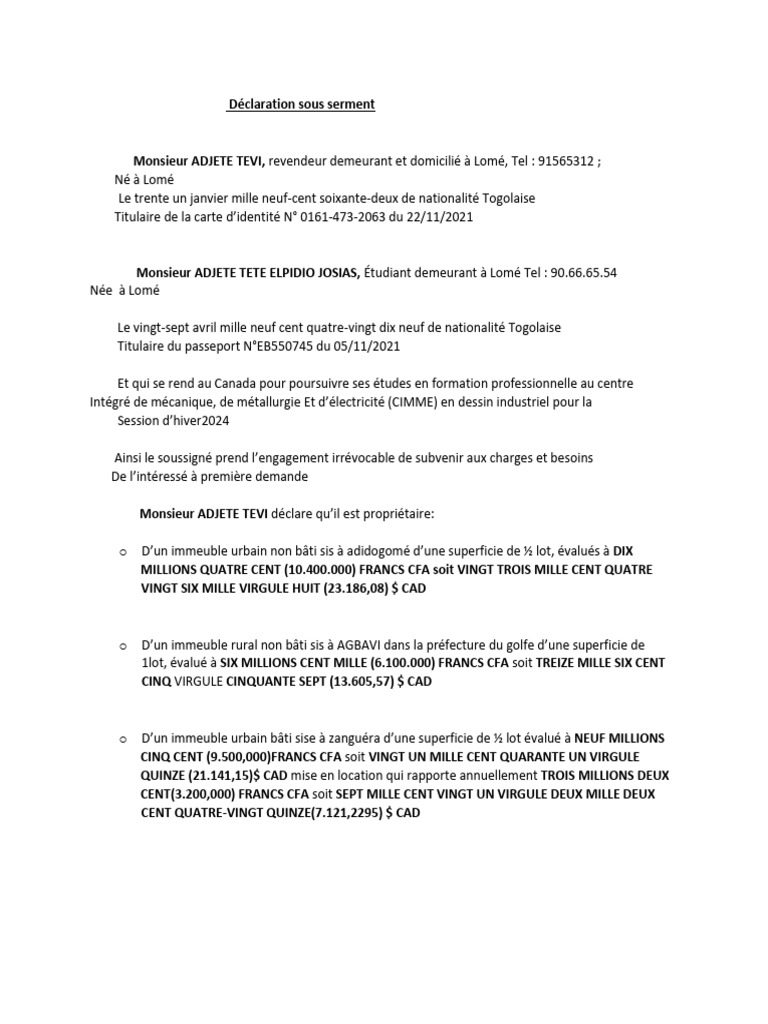 Déclaration Sous Serment Josias | PDF