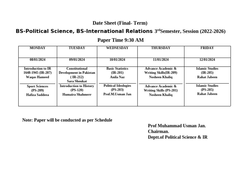 Date Sheet 3rd Final Semester | PDF