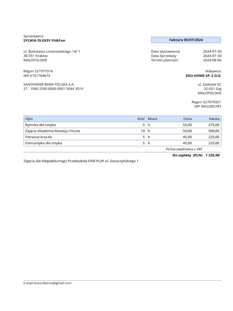 Fair Play Goszczyńskiego Fit&Fun Faktura 05 - 07 - 2024 | PDF
