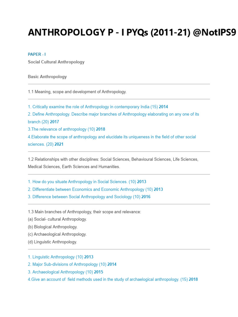 ANTHROPOLOGY PAPER - I PYQs (2011-21) | PDF