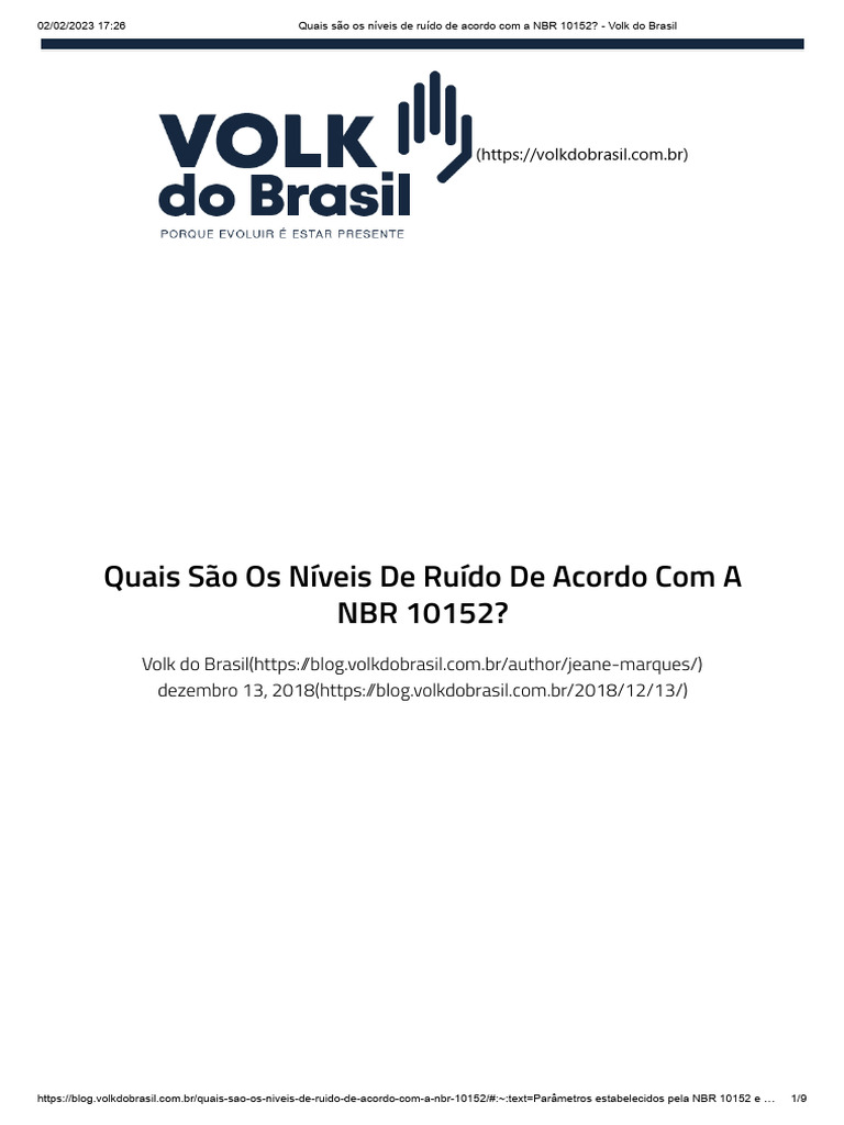 Quais São Os Níveis de Ruído de Acordo Com A NBR 10152 - Volk Do Brasil | PDF
