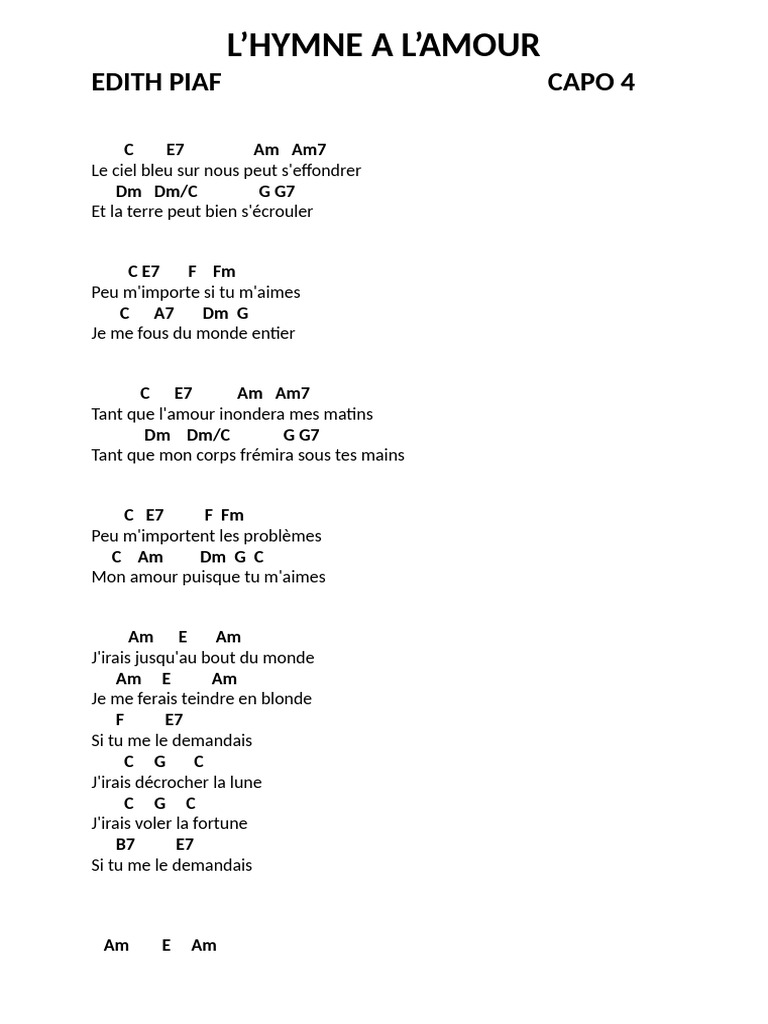 L'hymne À L'amour Edith Piaf | PDF