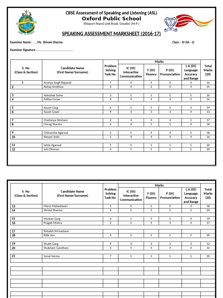 CBSE ASL Speaking Skill Marksheet XI - SA - 2. | PDF