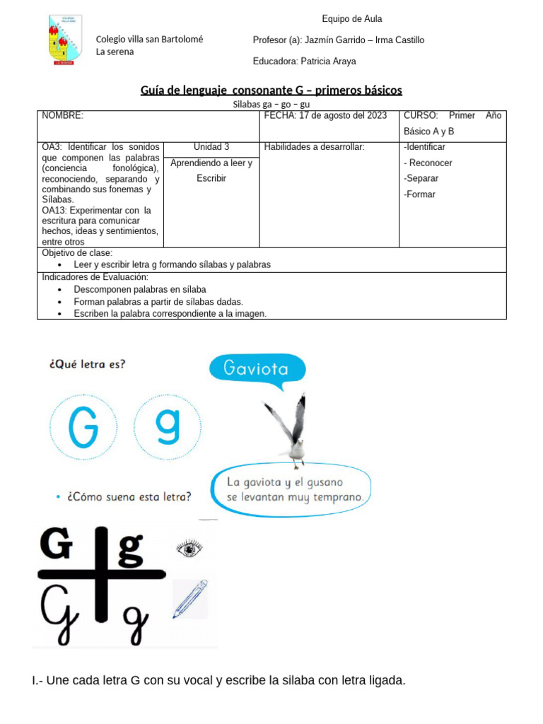 guia letra G silabas ga-go-gu | PDF