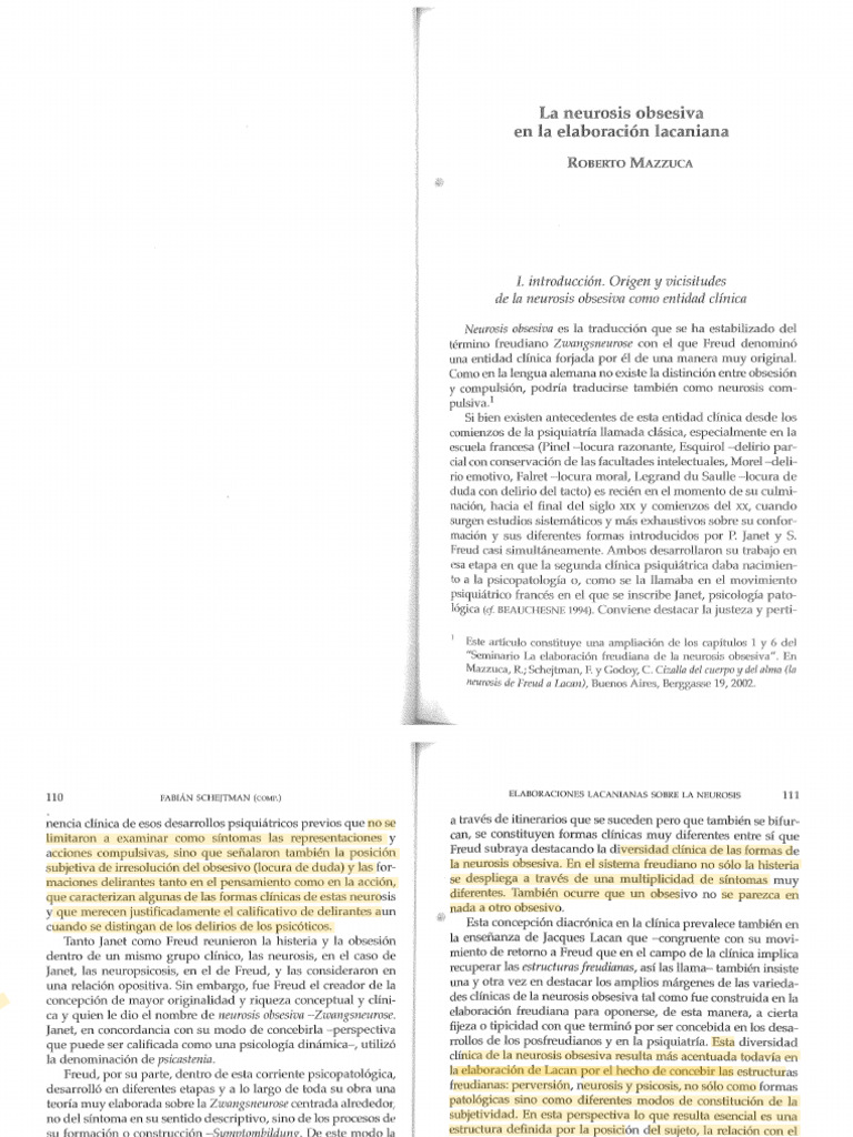 Mazzuca, R. - La Neurosis Obsesiva en La Elaboración Lacaniana | PDF