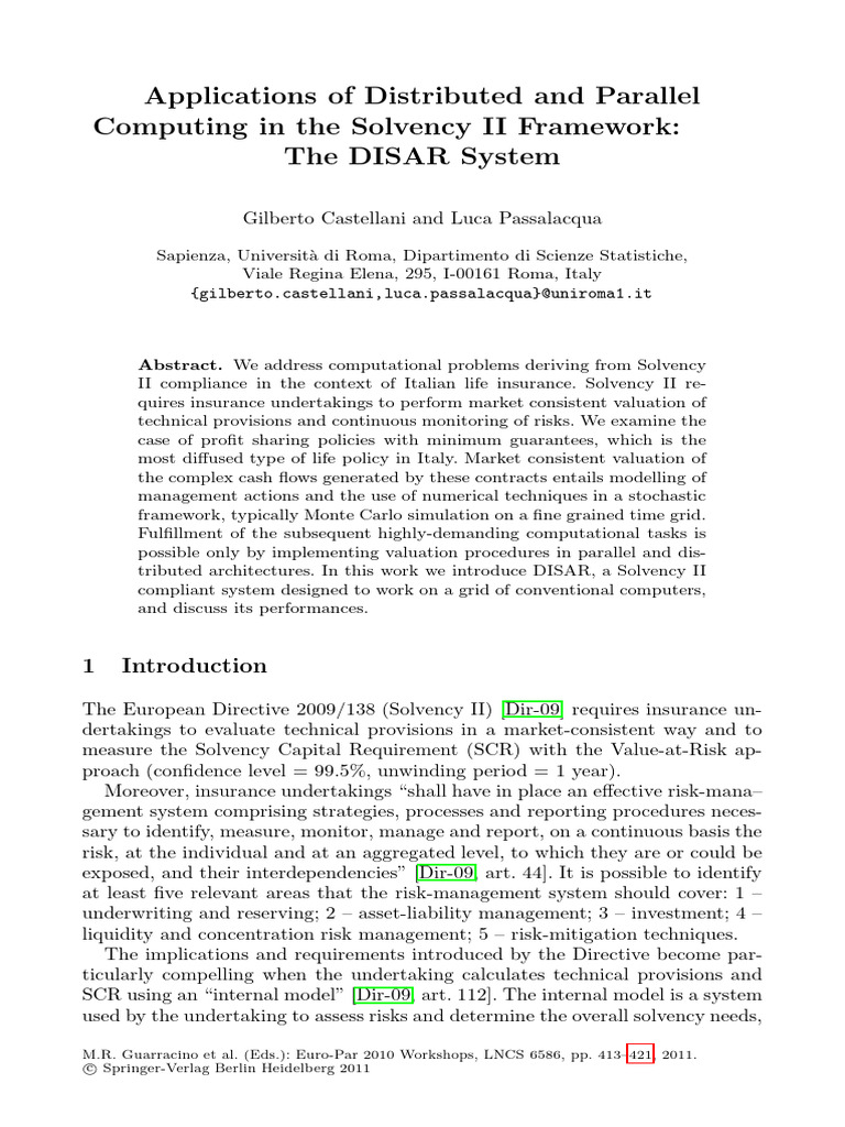 Applications of Distributed and Parallel Computing in the Solvency II Framework -- The DISAR ...
