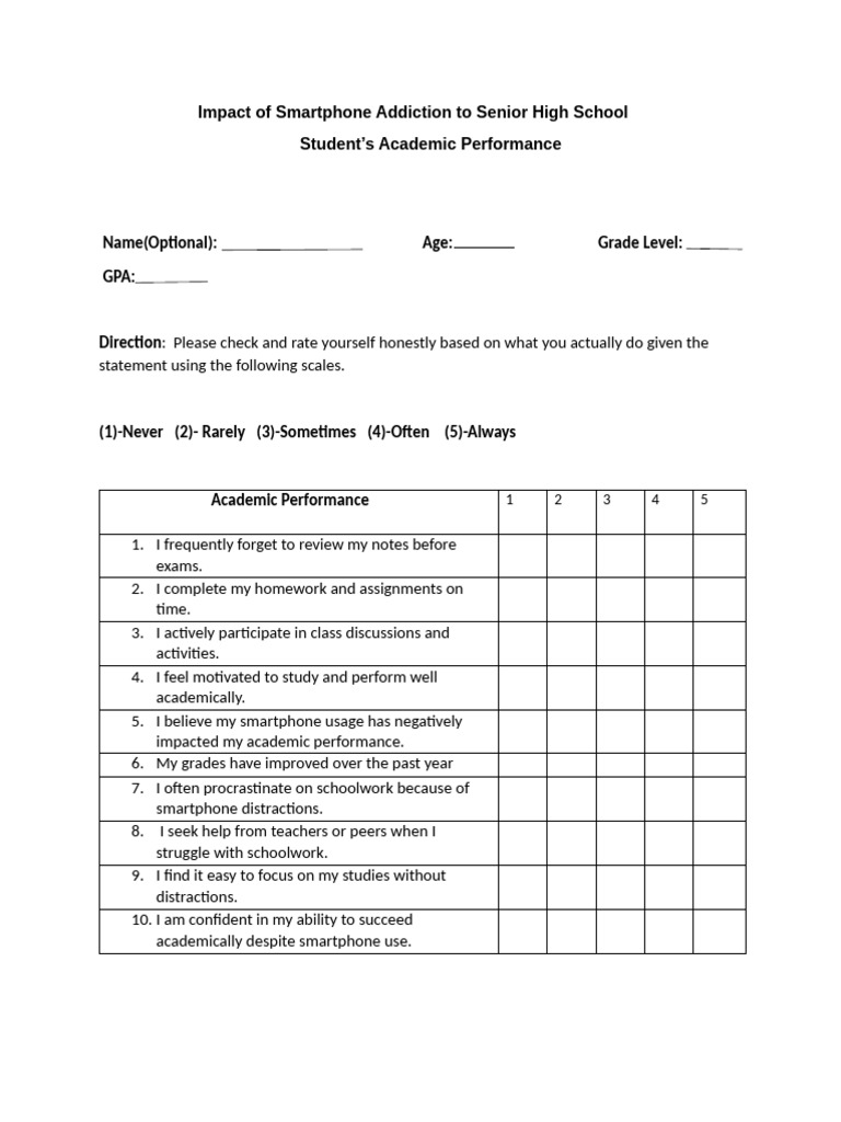 Questionnaire Related To The Impact of Smartphone Addiction Academic ...