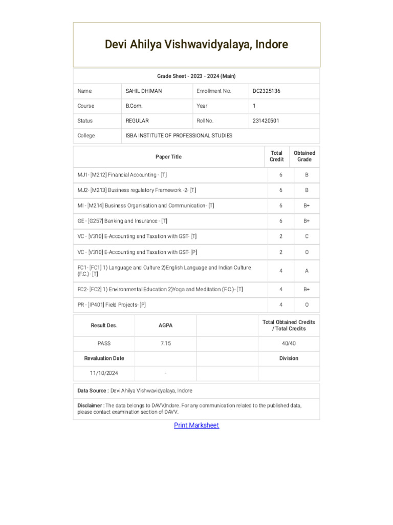 DAVV B.Com 1st Year Grade Sheet 2023 | PDF
