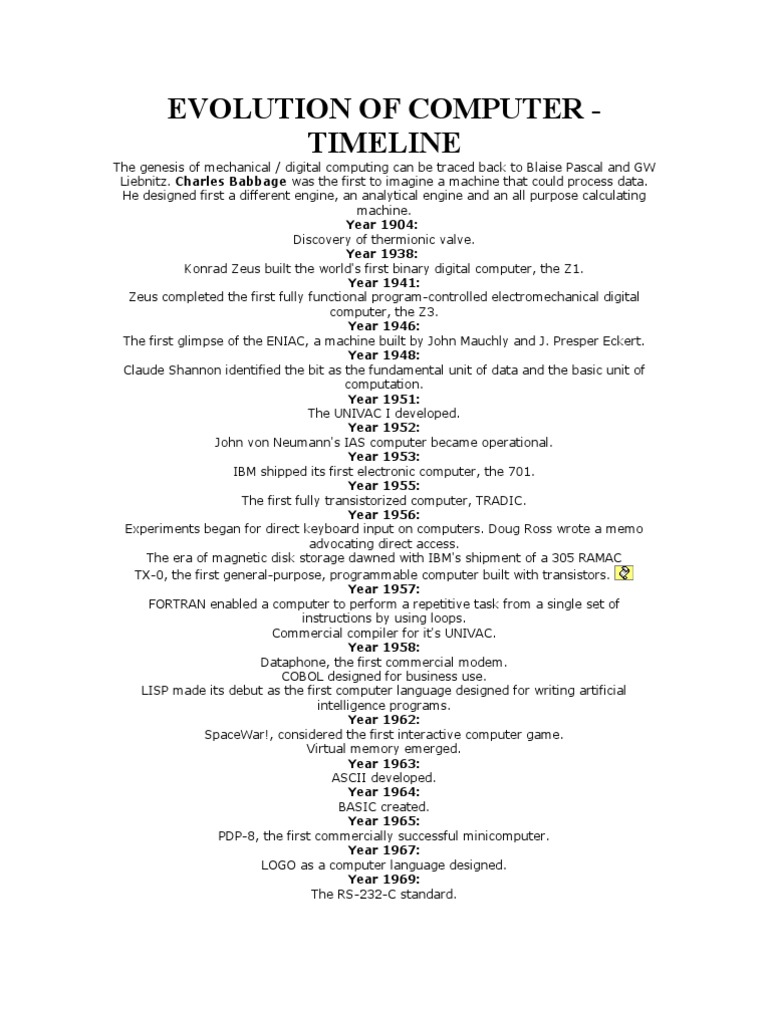 Evolution of Computer - Timeline: Year 1904: Year 1938: Year 1941 | PDF ...