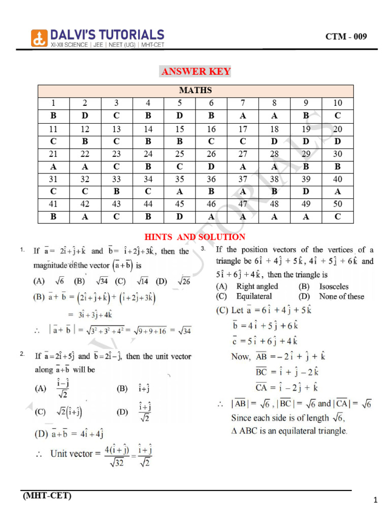 CTM 009 Xiith Math MHT Cet Vectors, Differential Equation Hints | PDF