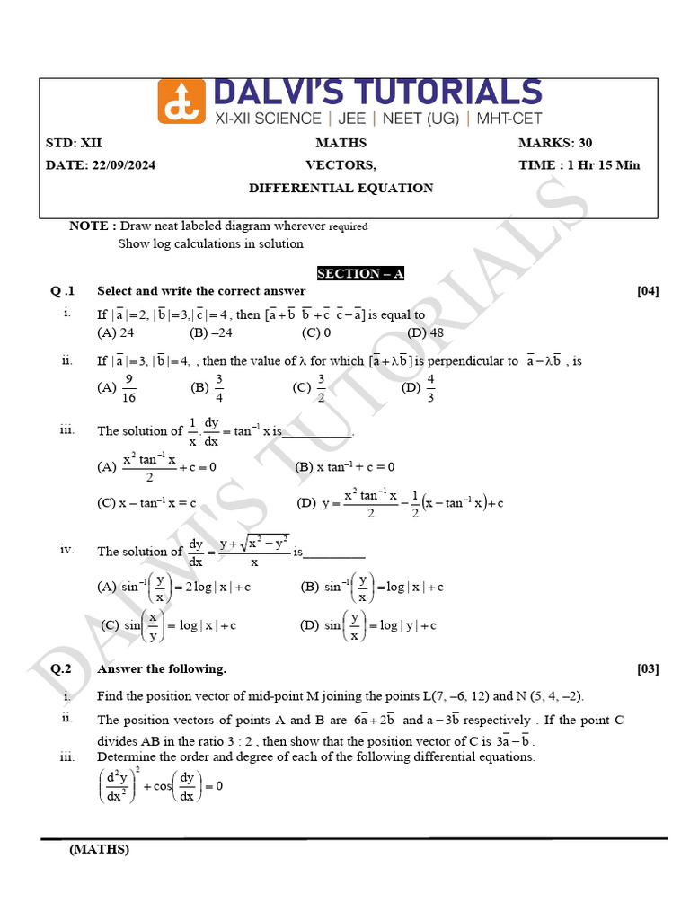 Xiith Theory Maths Vectors and Differential Equation 30 Marks | PDF