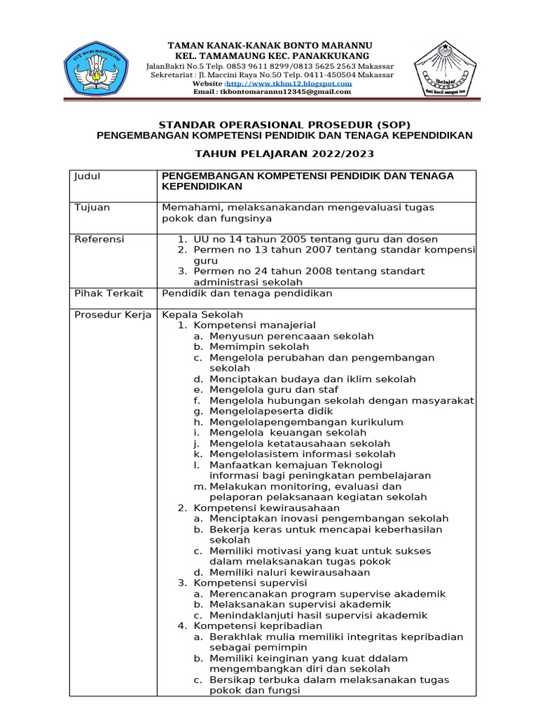 SOP PENGEMBANGAN KOMPETENSI PENDIDIK DAN TENAGA KEPENDIDIKAN(1) | PDF