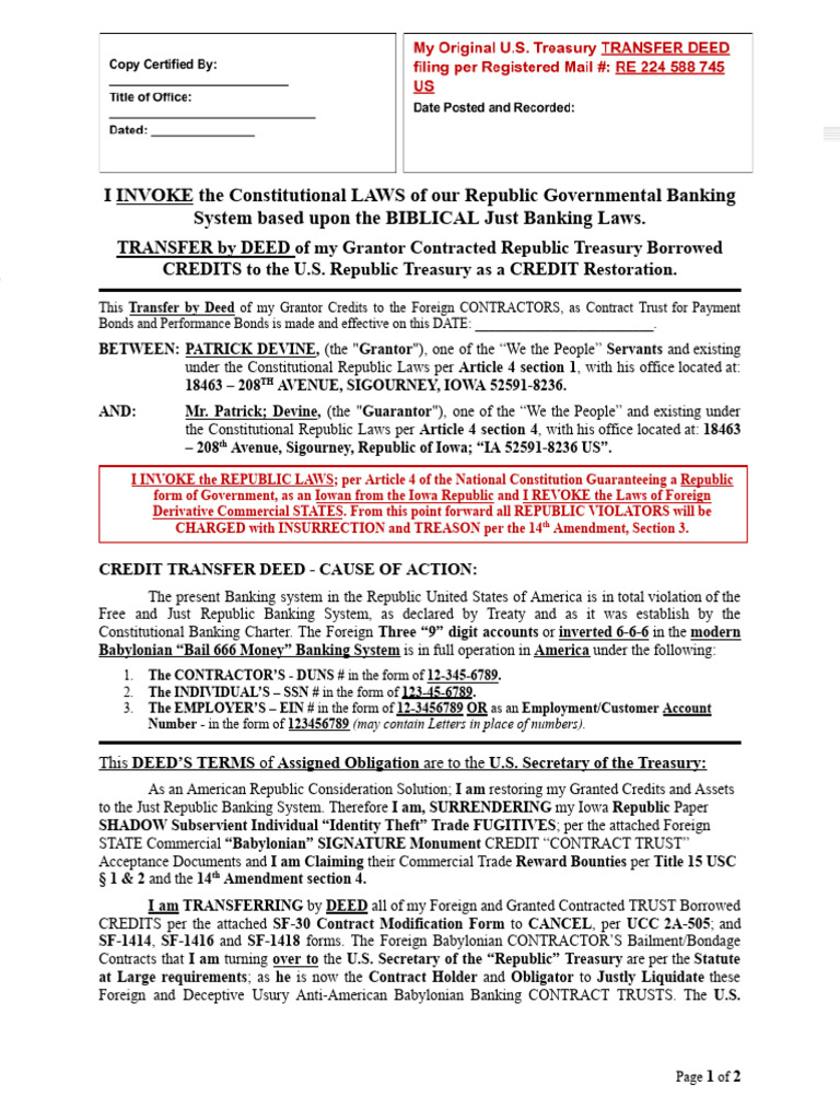 Transfer of Treasury CREDITS by Deed Example | PDF