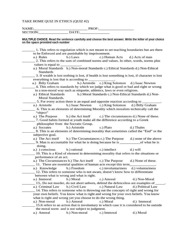 TAKE HOME QUIZ IN ETHICS | PDF