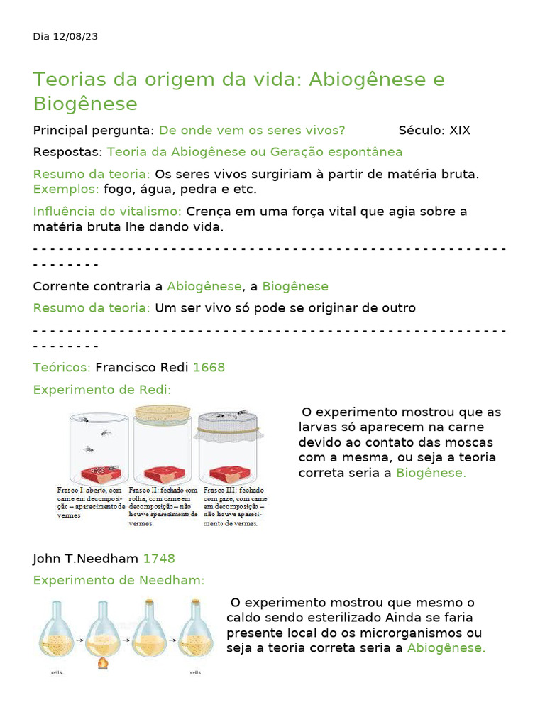 Biologia-Teorias Da Origem Da Vida (Abiogênese e Biogênese) | PDF