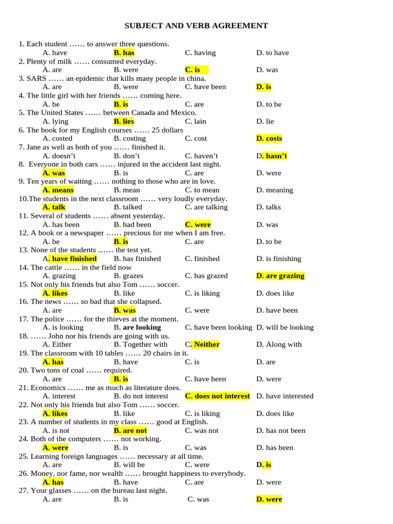 Subject - Verb Agreement | PDF