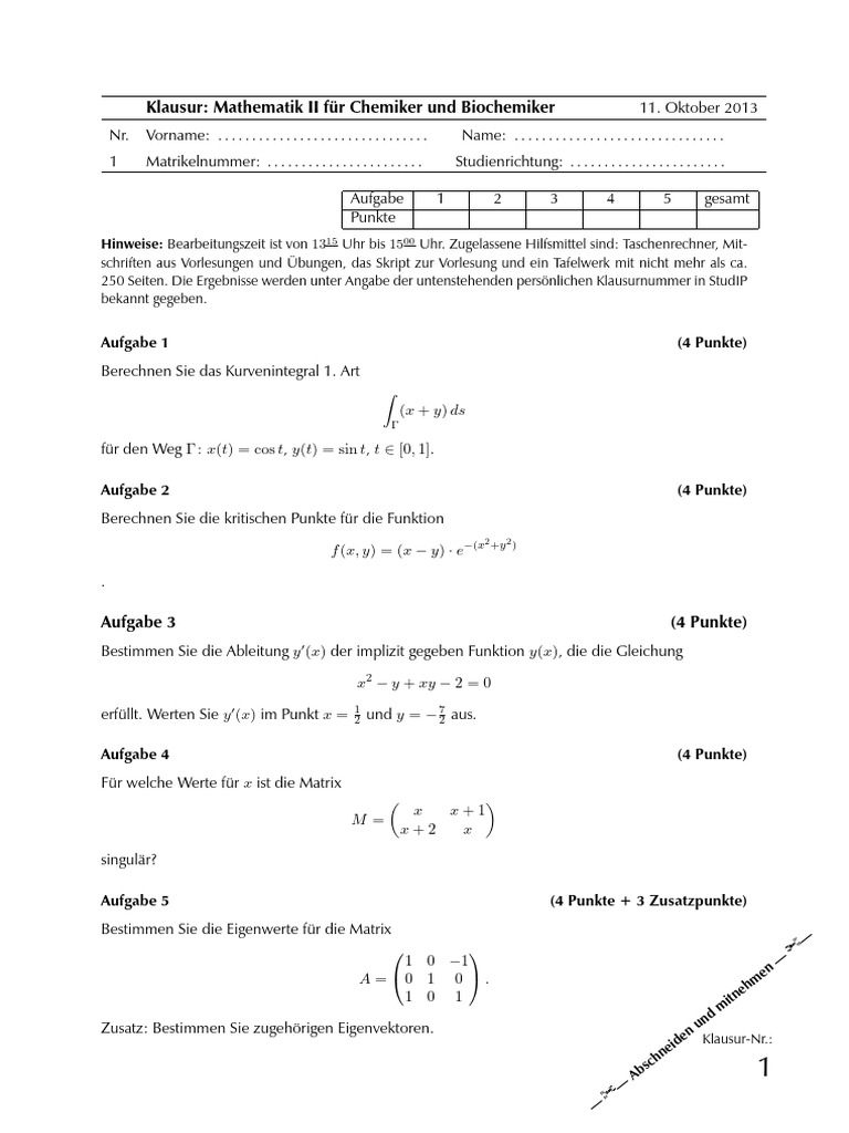 Klausur: Mathematik II Für Chemiker Und Biochemiker: Aufgabe 1 (4 Punkte) | PDF