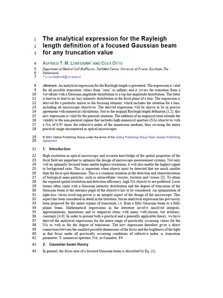 The Analytical Expression For The Rayleigh Length Definition of A ...